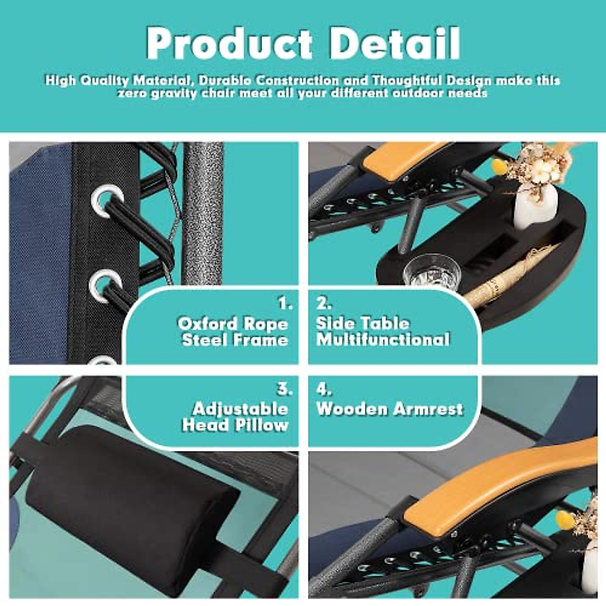 Devoko Zero Gravity Chairs Padded Seat Folding Recliner with Sun Shade Cup Holder Pillow Adjustable Camping Lounge Chair for Patio Garden Beach (Blue)