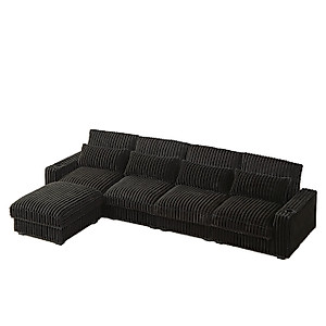 Yoglad 128'' L Shaped Modular Sectional Sofa, Cozy Oversized Corduroy Couch with Cup Holders and Charging Port, 4-Seater Sofa with Ottoman for Livingroom Apartment Office (Black)
