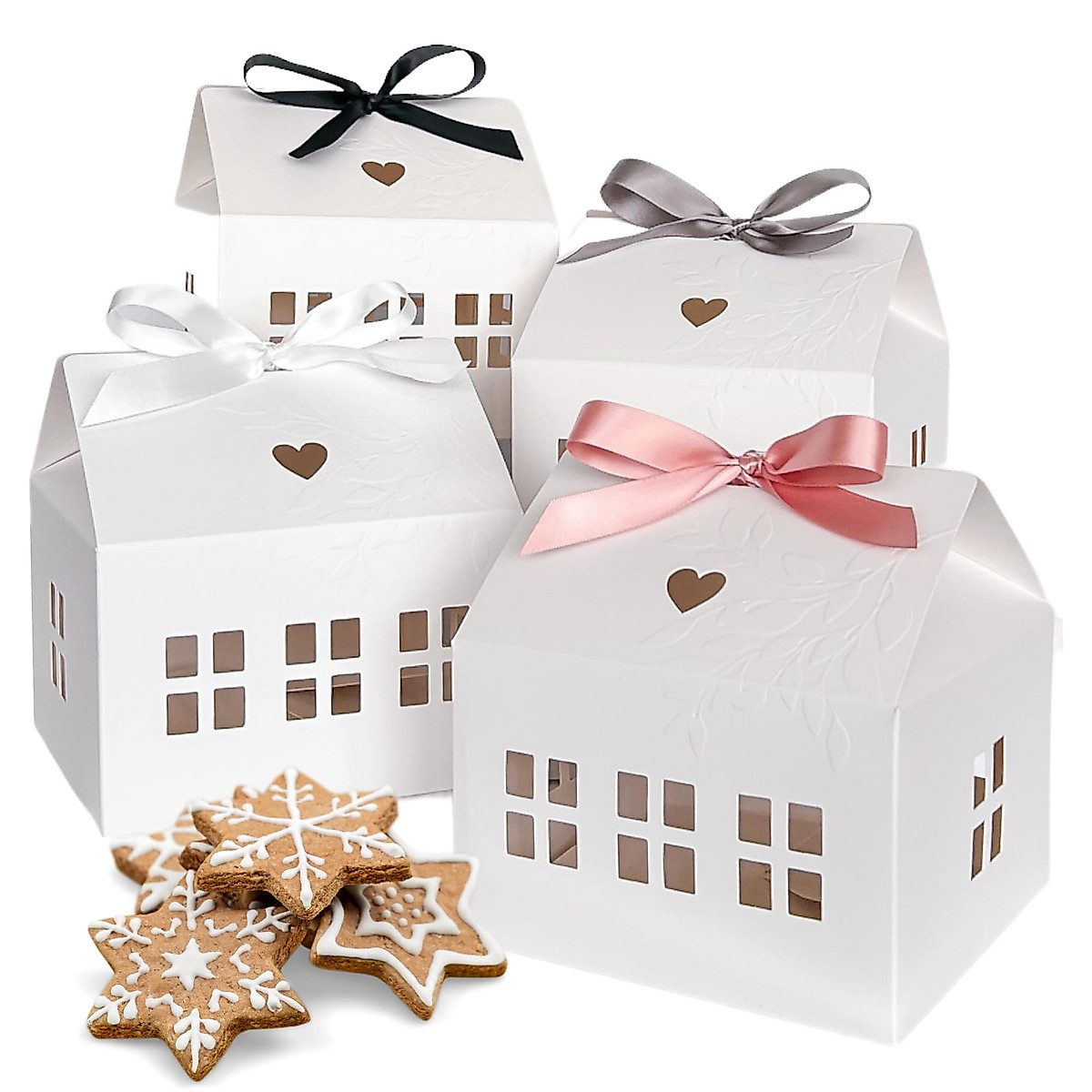 Karentology 20 Pcs Classic House Shaped Gift Boxes with Neutral Ribbons for Treats, Desserts, Fancy Cookie, White Gable Bakery Packaging