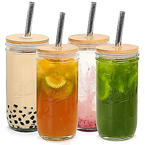 Mason Jar with Lid and Straw, ANOTION 24oz Wide Mouth Boba Cup Reusable Drinking Glasses Tumbler Smoothie Water Bottles for Iced Coffee Margaritas Ice Cream Juice Cocktail Travel Office Home, 4 Packs