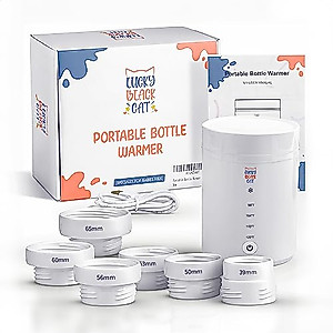 Portable Bottle Warmer for Travel by Lucky Black Cat, Travel Bottle Warmer with 6 Adapters, 4 Minutes Fast Heating Portable Bottle Warmer for Breastmilk, 4 Temperature Settings, Cordless Bottle Warmer