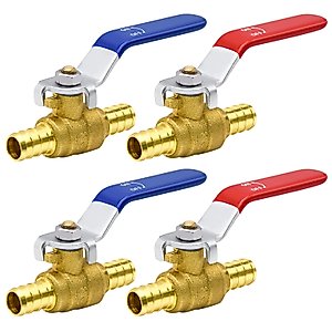 4pcs PEX Ball Valves, 1/2" PEX Brass Full Port Shut Off Ball Valve, PEX Brass Full Port Shut-off Ball Valve, Quarter Turn HOT (RED) COLD (BLUE) of Water Stop Shut off (1/2", 4pcs)