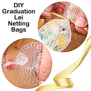 6 Pcs Graduation Lei Netting Bags White Long 3.3 Feet Candy Lei with 2 Rolls Ribbon for Graduation Wedding Party Supplies