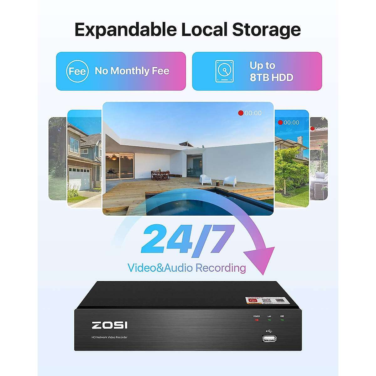 ZOSI 8CH 4K PoE Home Security Camera System with 2TB HDD,8pcs 5MP Weatherproof Outdoor Indoor IP Cameras,Night Vision,Motion Detection,Remote Access,8MP 8 Ports 16CH NVR Recorder for 24/7 Recording