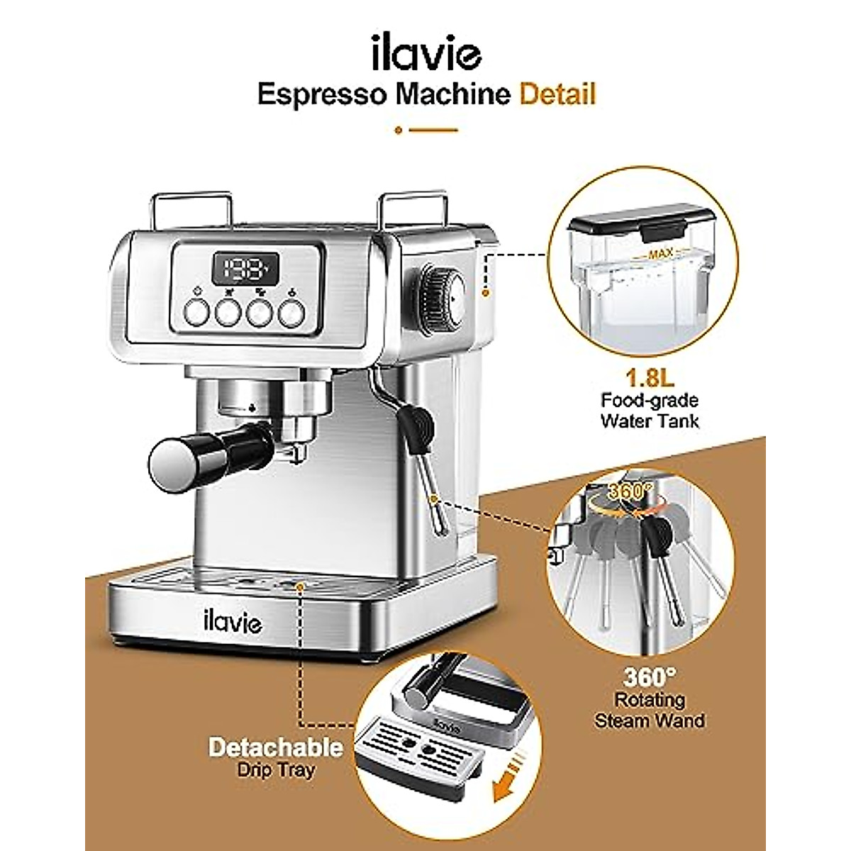 ILAVIE 20 Bar Espresso Machine, Stainless Steel Espresso Coffee Machine for Cappuccino, Latte, Espresso Maker for Home, Automatic Espresso Machine with Milk Steamer, 1.8L Water Tank, 1350W