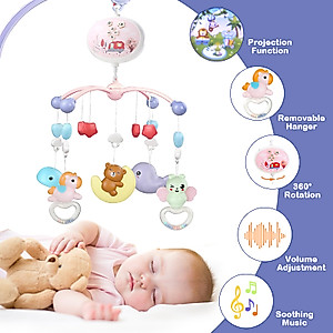 Baby Mobile for Crib Toys with Lights & Sooth Music, Light Moon Bear and Ceiling Projector, Musical Timer, Crib Toys for Babies Age 0M+ (Pink)