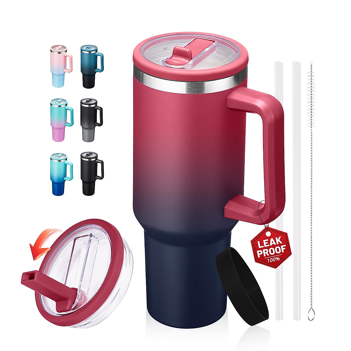 Travel Cups with Lid and Flip Straw - 40 oz Tumbler with Handle, Cold-34H & Hot-10H Insulated Coffee Mug, Metal Hydro Thermal Jug, Spill Proof Water Bottle Fits in Car Cup Holder