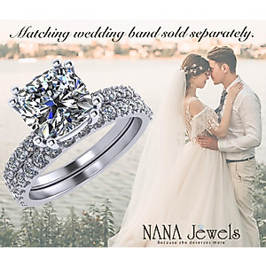 NANA Jewels Silver 7mm (2ct) Cushion Cut Pure Brilliance Zirconia Solitaire w/sides Eng Ring-Rhodium Plated-Size 7