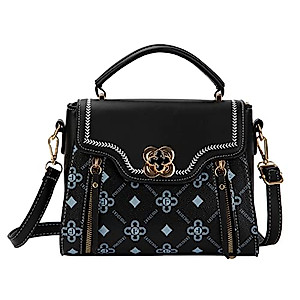 Top Handdle Satchel Handbags For Women - Fashion Print Shoulder Bag Color Blocking Crossbody Purse Leather Tote Handbag(Black)