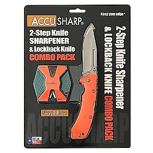 ACCUSHARP Lockback Knife and 2-Step Sharpener Set - Lockback Folding Pocket Knife & Pocket Knife Sharpener Combo Pack - Stainless Steel Hunting Knife for Outdoor Use, Hunting, & Fishing - Orange