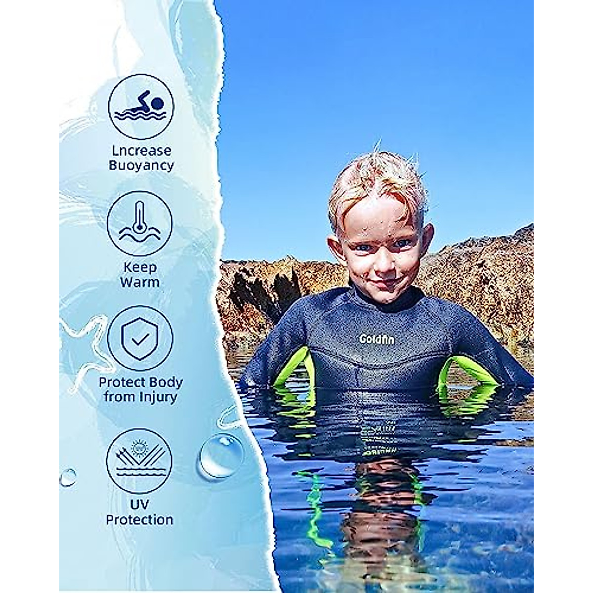 Goldfin Kids Wetsuit for Boys Girls, 3mm Neoprene Fullsuit for Toddler Back Zip Youth Water Aerobics Diving Boating Snorkeling Surfing Swimming