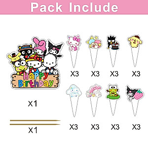 25Pcs Kitty and Friends Cake Topper and Cupcake Toppers Set, Cinnamoroll Kuromi and My Melody keroppi Birthday Party Supplies for Kawaii Themed Birthday Cake Decorations