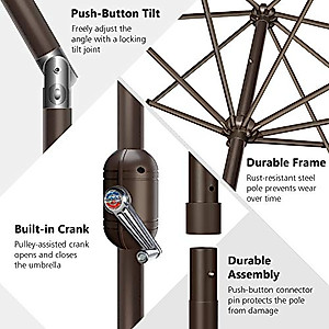 Funsite 9ft Patio Umbrella with Solar Lights, Outdoor Umbrella with 24 LED Solar Umbrella Lights, Solar Patio Umbrella with Push Botton Tilt & Crank Ideal for Garden, Backyard & Pool, Black Stripe