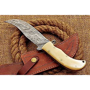 HUNTEX Handmade Hand-Forged Twist Pattern Damascus Steel 11 Inch Long Full Tang Camel Bone Handle Razor Sharp Hunting Camping Trail Knife w/Genuine Leather Sheath