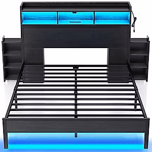 Rolanstar Bed Frame Queen Size with Bookcase Storage Headboard, Slide Out Bedside Storage, Bed with Charging Station & LED Lights, Heavy Duty Metal Slats, No Box Spring Needed, Noise Free, Black