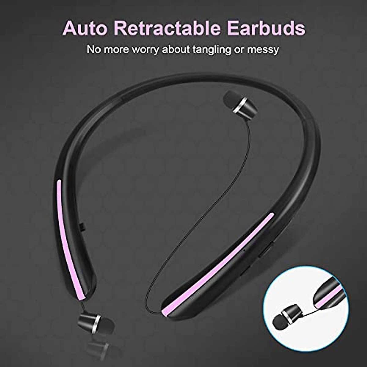 Bluetooth Headphones Retractable, Wireless Neckband Headset with Sweatproof Stereo Earbuds CVC 8.0 Noise Cancelling Call Vibrate Alert Earphones (Pink)