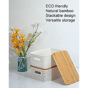 EOENVIVS Plastic Storage Baskets With Bamboo Lid Pantry Organization and Storage Containers Lidded Organizer Bins Small Baskets for Shelves Drawers Desktop Closet Playroom Classroom Office, 3 Pack