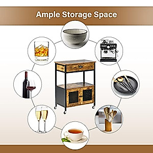 Coffee Bar Cabinet, Kitchen Buffet Cabinet with Storage, Buffet Storage Cabinet with Wheels, Sideboard Coffee Cart with Doors & Shelves, Industrial Coffee Bar Table with Drawer, Rustic Brown