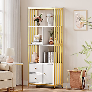 Amyove Gold Bookshelf with Drawers Modern Bookcase Storage Rack Shelf Tall Standing Bookshelves Metal Frame Large Display Racks Book Shelf for Bedroom, Living Room, Home Office, White/Gold