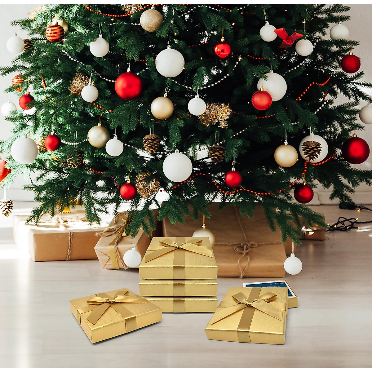 Gold Christmas Card Gift Box Holder with Bows Pack of 6 Holiday Gifts Greeting Cards Present Wrap Square Boxes Cash Money Holders Party Favor Decor for Wedding Xmas Party Supplies Decorations