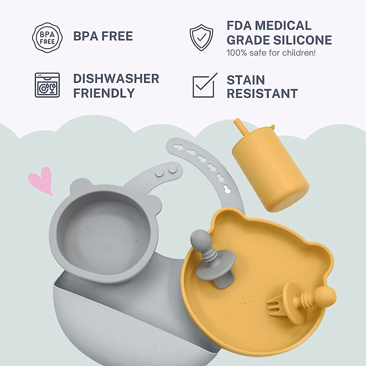 Baby Feeding Set with Reusable Wet Bag in Gift Box, Silicone Baby Led Weaning Supplies, Suction Baby Plate and Bowl Set, Food Grade Bib, Spoon, Fork, Sippy Cup, Bowl and Plate - 100% BPA Free!