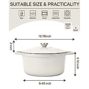 Ciwete 6 QT Dutch Oven Pot with Lid, Enameled Cast Iron Dutch Oven for Bread Making, Braiser, Cooking, Dual Handles, Oven Safe up to 500° F or on Stovetop, Gifts for Family - Off White