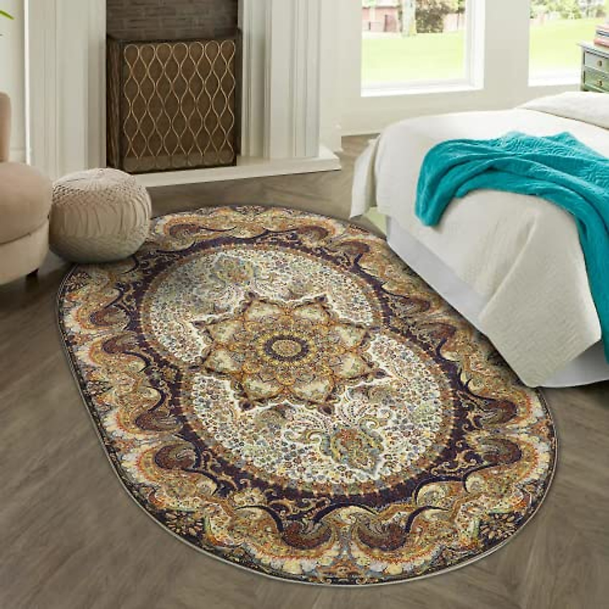 GOMUVIN Boho Tribal Area Rug 3'x5', Washable Persian Distressed Throw Carpet Faux Wool Bohemian Bedroom Rug Non Slip Black Rug Sofa Floor Mat Accent Rugs for Living Room Kitchen Dining Entrance