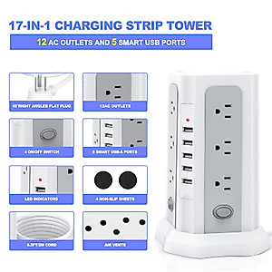Power Strip Tower Surge Protector with 5 USB Ports, 12 Multiple Outlets, 6.5 FT Flat Plug Extension Cord, 13A 1050J Overload Protection, Desktop Charging Station for Home Office Dorm Room