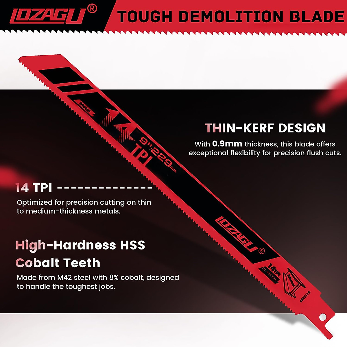 LOZAGU 6-Piece Metal Reciprocating Saw Blades, 9"/229mm 14TPI Bi-Metal Sabre Saw for Metal Pipe, Sheet, Rebar