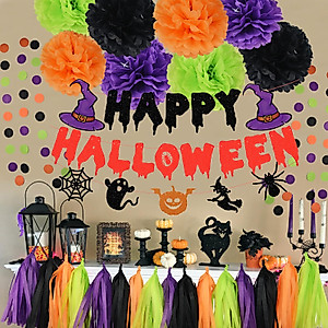 Halloween Party Decorations - Trunk Or Treat Car Decorations Kit for SUV Happy Halooween Banner Orange Black Purple Green Tissue Paper Pom Pom for Hocus Pocus Party Supplies