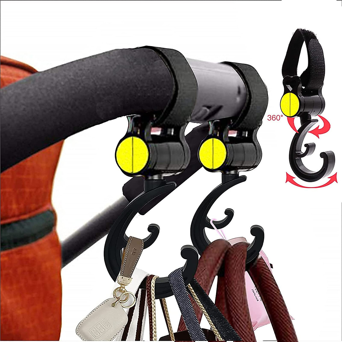 Stroller Hooks, Stroller Accessories Organizer Clip for Diaper Bags, 360-Degree Rotating Mommy Hook Holder for Stroller Bag, Shopping Cart, Grocery Bag with Stroller Wrist Strap Handle, Pack of 6