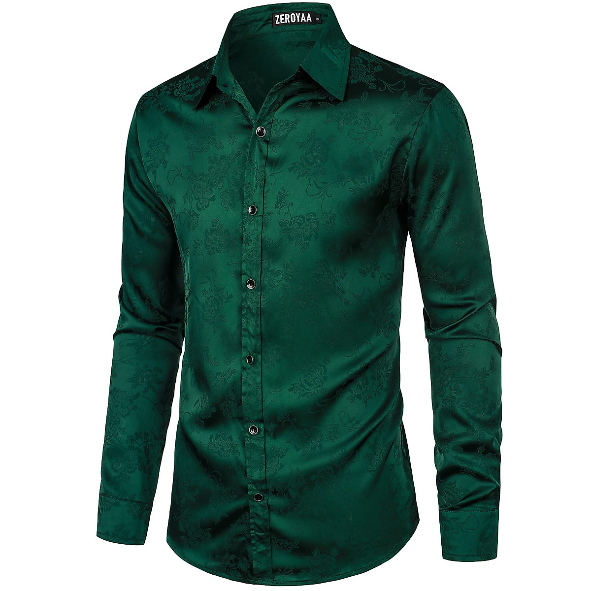 ZEROYAA Men's Hipster Floral Jacquard Long Sleeve Satin Silk Like Button Up Dress Shirts for Party Prom ZHCL55 Dark Green Small