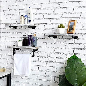 MyGift Wall Mounted White Washed Solid Wood Floating Shelf Organizer, 3 Piece Set Mounted Bathroom Display Shelf with Towel Bar and Industrial Metal Pipe Brackets