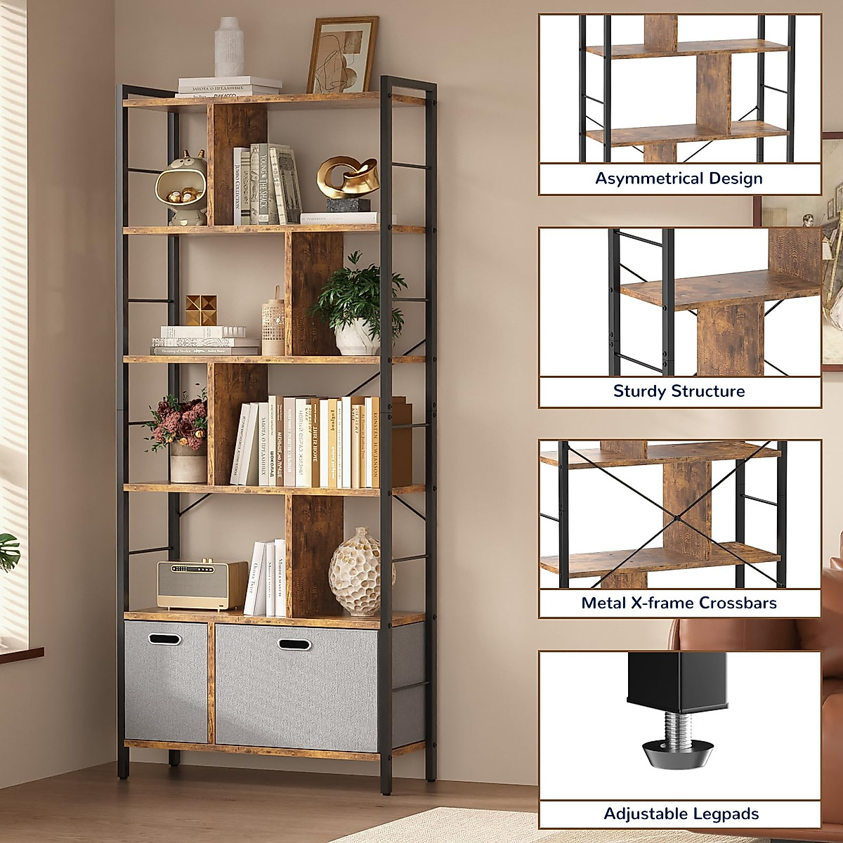 74 Inch Tall Bookshelf, 6 Tier Bookcase with Drawers, Modern Book Shelf Display Standing Shelf Units with Storage, Wood and Metal Bookshelves for Living Room, Bedroom, Home Office, Rustic Brown