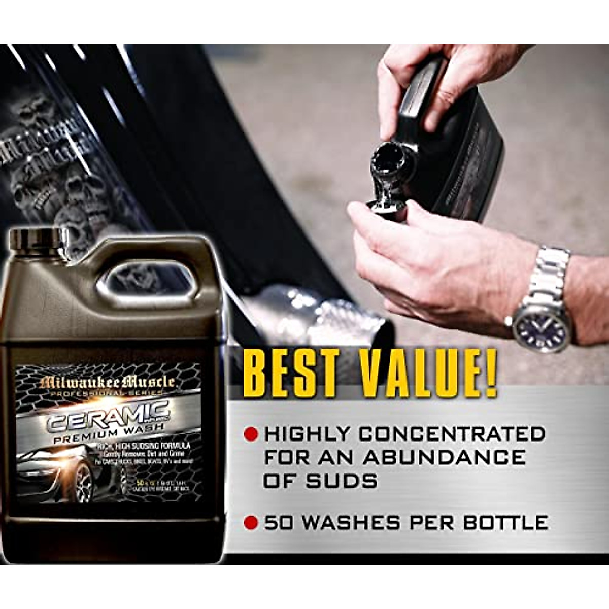 Milwaukee Muscle Car Wash - Includes One, 50 Fl Oz Bottles of Professional Ceramic Car Wash Soap - Car Cleaner for Auto, Cars, Motorcycles, RV's and Boats - pH Neutral Formula - Rejuvenates Paint and Ceramic Coating for Cars