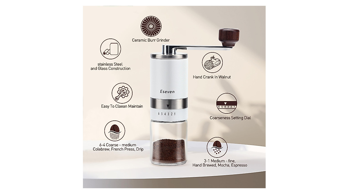 Eseven Manual Coffee Grinder - Adjustable Ceramic Burr for Perfect Coffee
