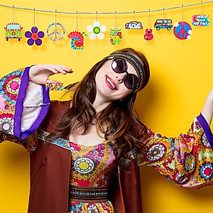 36 Pieces 60 70's Hippie Groovy Party Tie Dye Birthday Wooden Hanging Ornaments Hippy Retro Flower Peace Sign Wooden Hanging Ornaments for 60's Vibe Party Decoration DIY Craft