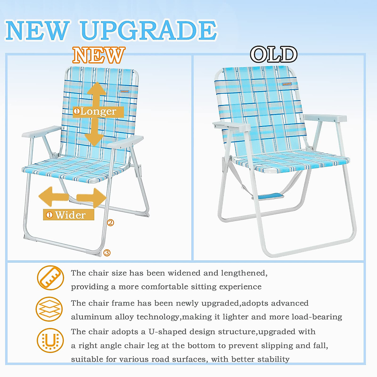 #WEJOY 2 Packs Extra Wide Aluminum Foldable Beach Chairs, High Back, Arm Rest, Lightweight, Portable, Blue