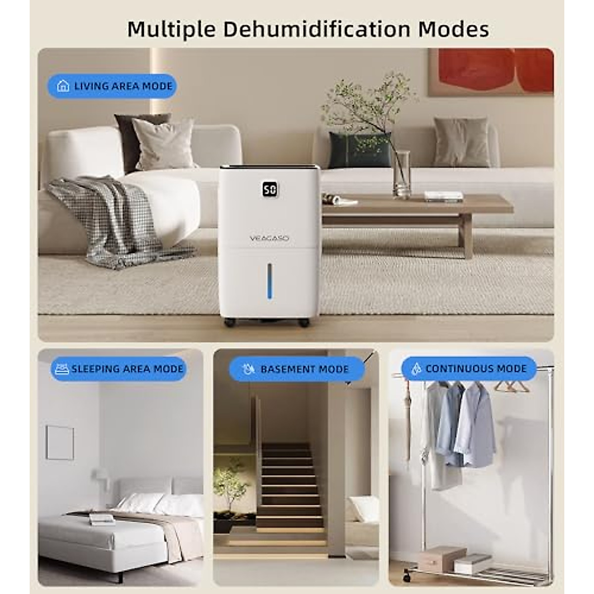 5500 Sq. Ft Dehumidifier for Basement with Drain Hose, VEAGASO 80 Pints Dehumidifiers for Home Large Room Bathroom with Water Tank, Intelligent Humidity Control, Auto Defrost, 24H Timer, Child Lock