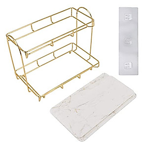 2 Tier Makeup Shelf Organizer, Bathroom Organizer Countertop Perfume Organizer Makeup Organizer Cosmetics Storage Display Rack Marble Print Ceramic Tray (Gold White)(S)