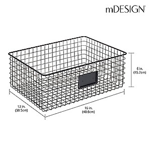 mDesign Wide Steel Wired Storage Organizer Bin Baskets with Label Slot for Kitchen Pantry, Cabinet, Organizing Holder for Food, Drinks, Snacks, Produce, Omaha Collection, 2 Pack, Matte Black