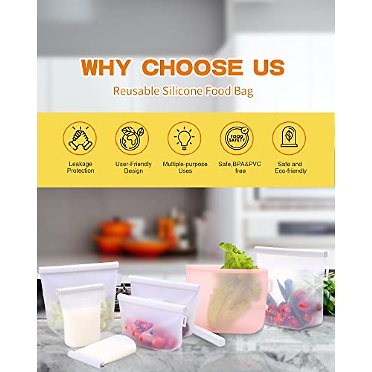 2-Pack Reusable Silicone Storage Bags, BPA FREE Silicone Snack Sandwich Bags Container with Leakproof Lids for Food, Travel, Makeup | Freezer, Oven, Microwave, Dishwasher Safe