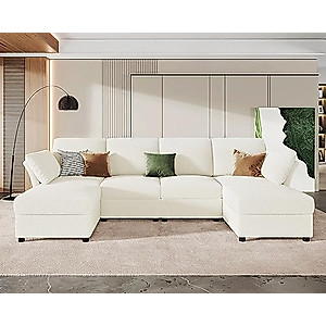 VanAcc Sectional Couch 6 Seats, Modular Sectional Sofa U Shaped sectional with Ottomans, Reversible Sofa Couch for Living Room, Offwhite Bouclé