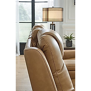 Signature Design by Ashley Card Player Contemporary Faux Leather Tufted Power Reclining Loveseat with Control and Adjustable Headrest, Light Brown