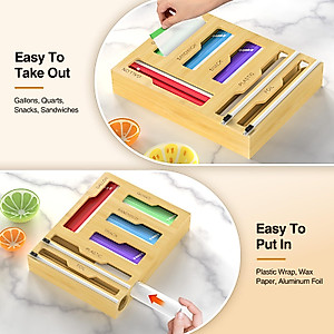 HOSTENU 6 in 1 Storage Bag Organizer for Kitchen Drawer, Bamboo Foil and Plastic Wrap Dispenser with Cutter, Food Baggie Organizer for Drawer, Plastic Bag Organizer for Gallon, Quart, Sandwich, Snack