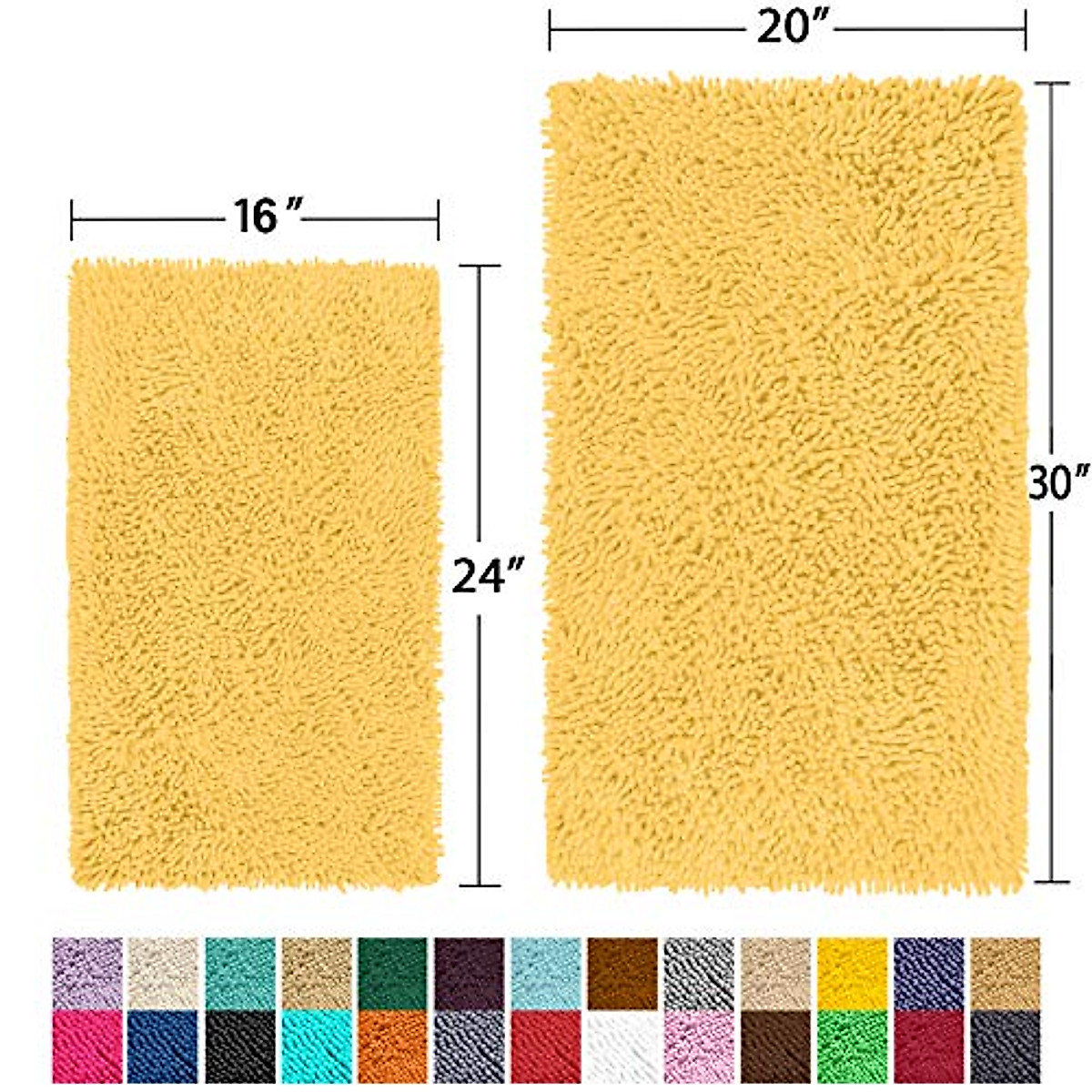 LuxUrux Yellow Bathroom Rug Set 2 Piece –Extra-Soft Bath mat Shower Bathroom Rugs,1'' Chenille Microfiber Material, Super Absorbent (30 X 20'' + 23 x 15'', Yellow)