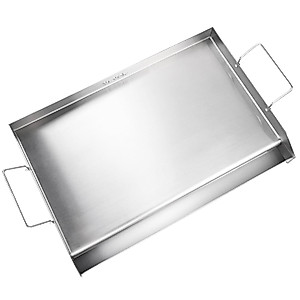 VEVOR Stainless Steel Griddle, 23.5"x16" Pre-Seasoned Stove Top Griddle, Rectangular Double Burner Griddle Pan, Non-Stick Family Pan Cookware with Handles and Oil Groove, for BBQ, Gas Grills, Silver