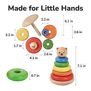 Bimi Boo Wooden Rainbow Stacking Rings for Toddlers - Ring Stacker Baby Toy with Roly-Poly Base - Montessori Early Counting Toy, Size Recognition Learning Activity - Ideal Baby Gift (5 Rings)