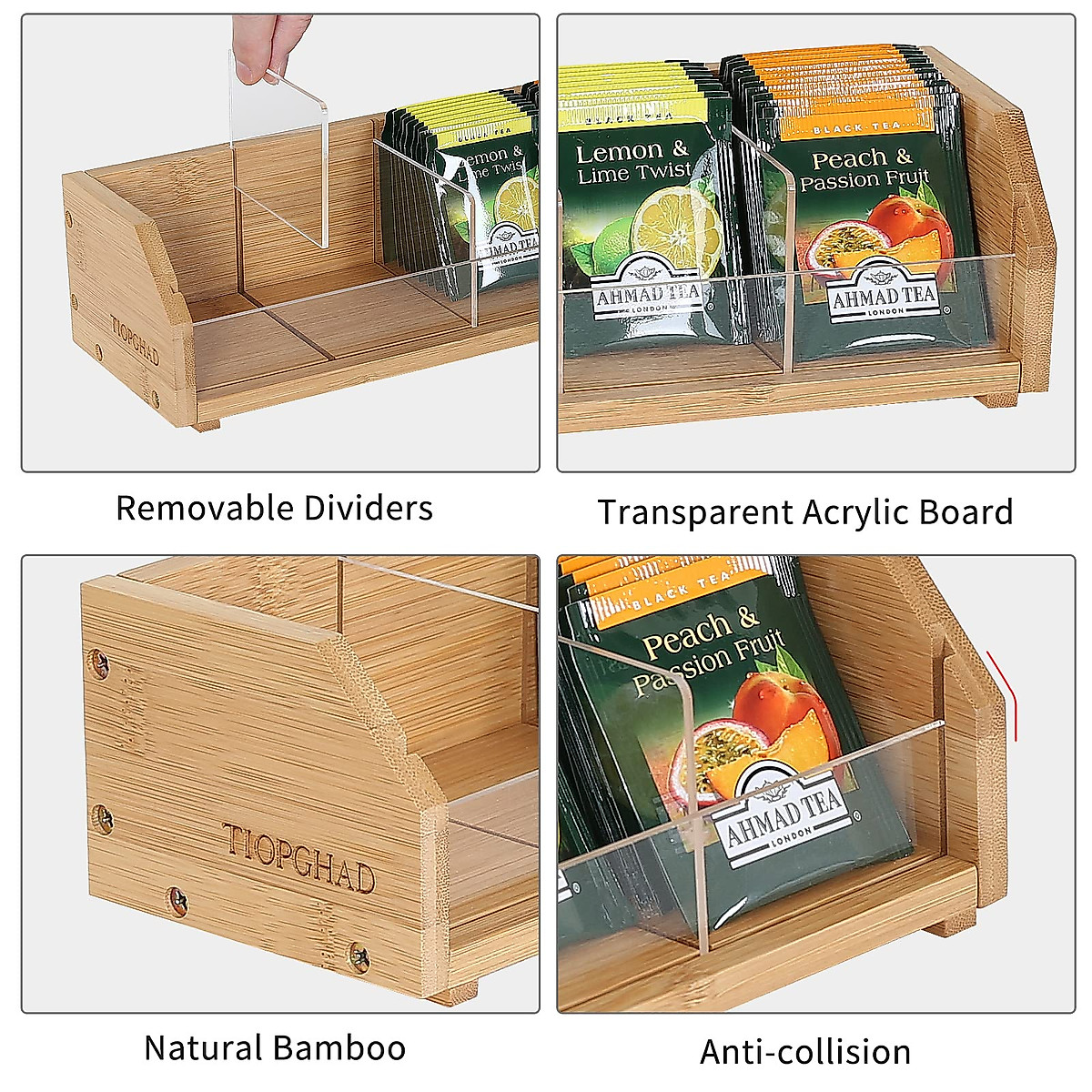 TIOPGHAD 𝑺𝒎𝒂𝒍𝒍 𝑩𝒂𝒎𝒃𝒐 Tea Bag holder, Wood countertop tea organizer basket Storage Box tea packets organizer tea packets Caddy Rack Tea Bags Containers for Drawers Kitchen Cabinet Office