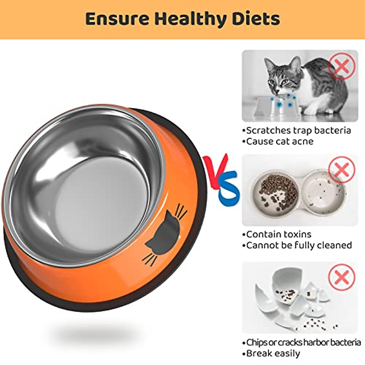 Legendog Cat Bowl Pet Bowl Stainless Steel Cat Food Water Bowl with Non-Slip Rubber Base Small Pet Bowl Cat Feeding Bowls Set of 3 (Multicolor)